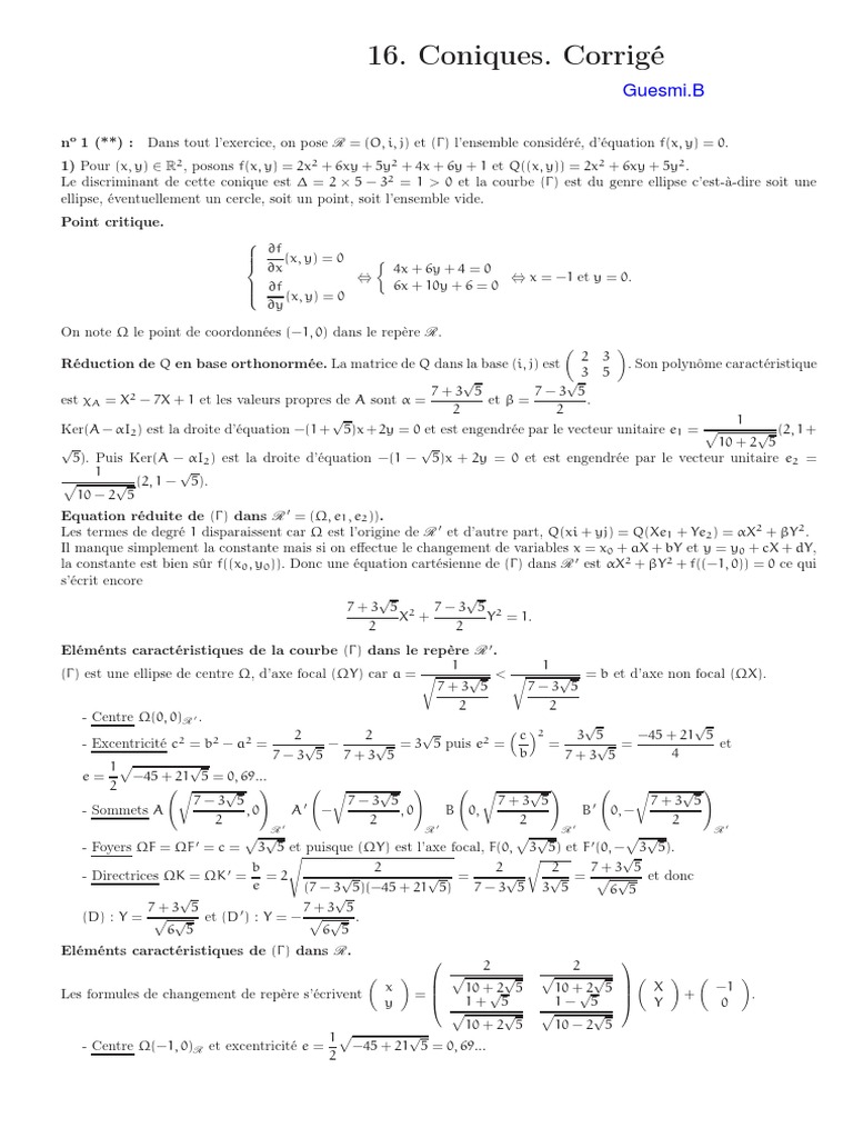 Exercices de Conique | PDF | Topologie différentielle | Objets mathématiques