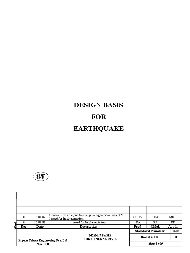 Design Basis FOR Earthquake: Rev. Date Description Prpd. Chkd. Appd ...