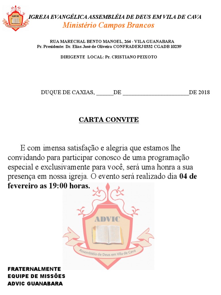 Carta Convite - modelo para igrejas
