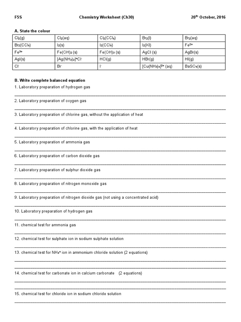 F5S Chemistry Worksheet (Ch30) 20 October, 2016 | PDF | Chlorine | Acid