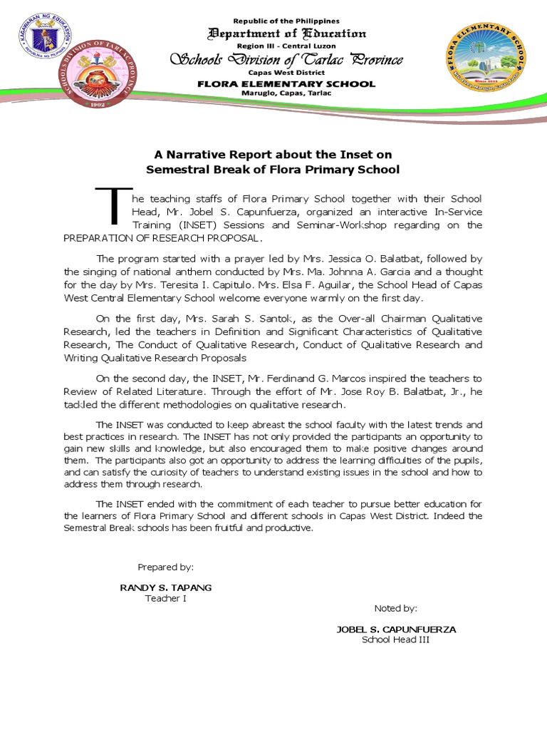 A Narrative Report About The Inset On | PDF | Language Arts & Discipline