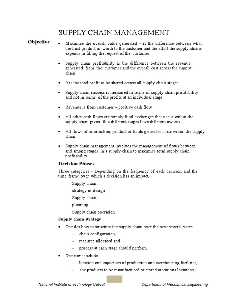 Supply Chain Management - Note | PDF | Supply Chain | Strategic Management