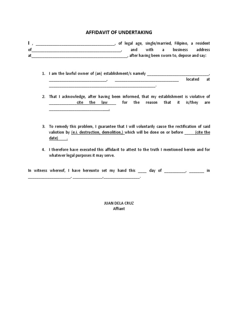 Affidavit of Undertaking Sample (Simple) | PDF