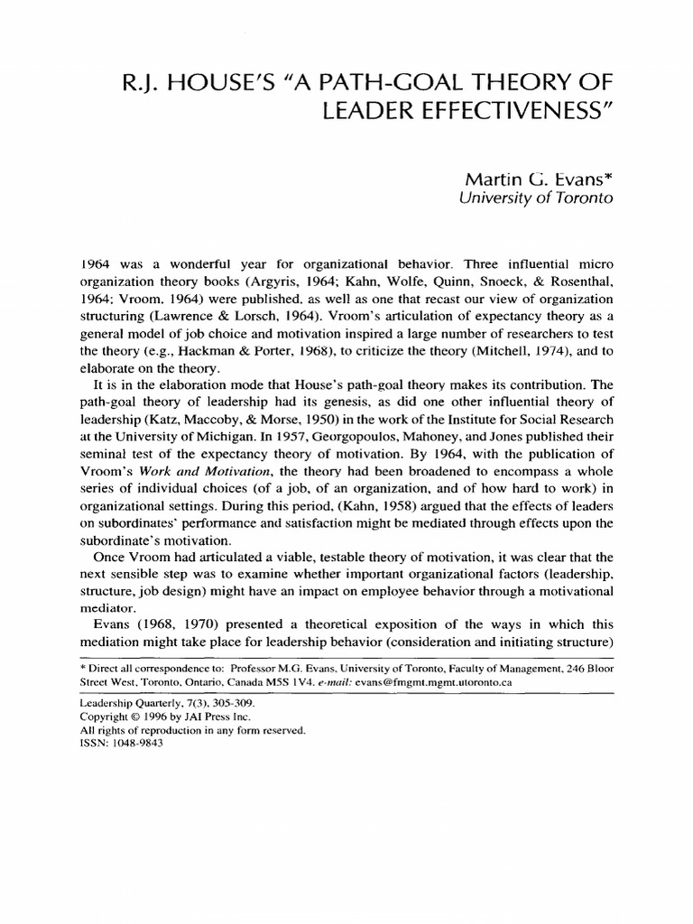 R.J. Houses A Path-Goal Theory of Leader PDF | PDF | Leadership ...