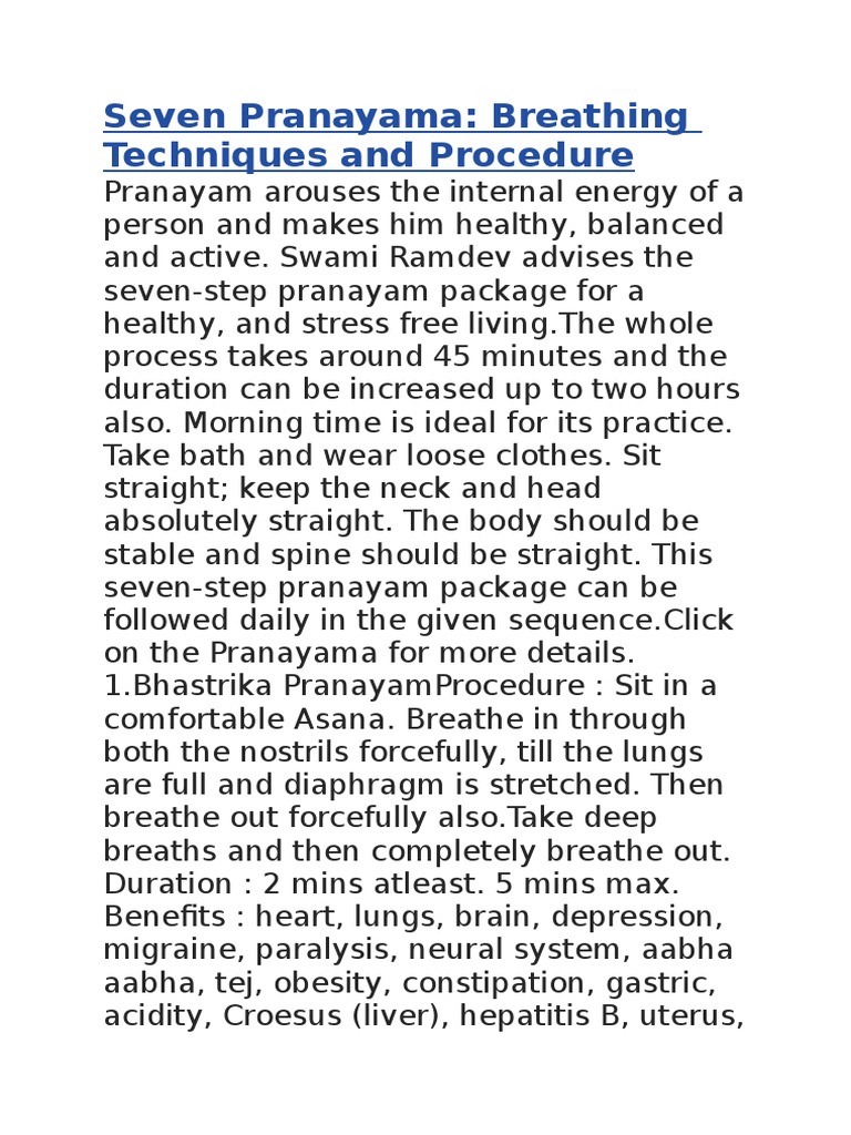 Seven Pranayama Breathing Techniques and Procedure | PDF | Abdomen ...