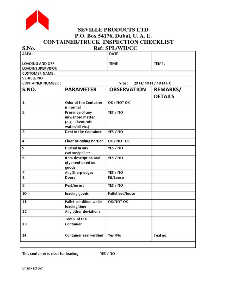 Container-Truck Check List PDF | PDF
