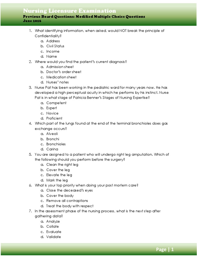 Nursing Licensure Examination: Previous Board Questions: Modified ...