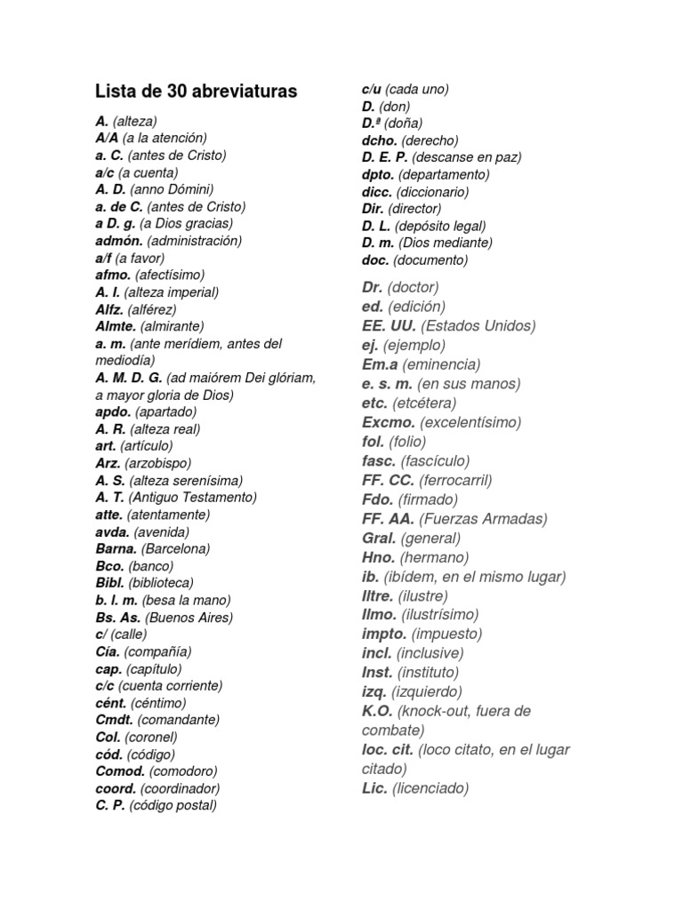 Lista de 30 Abreviaturas | PDF