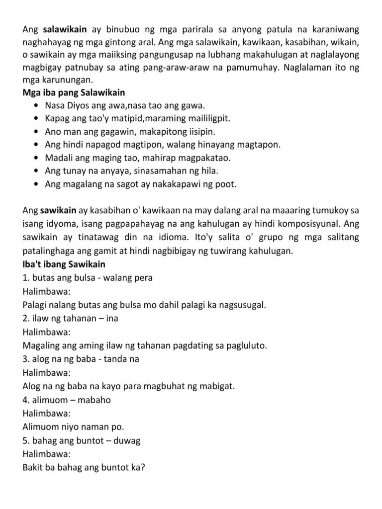 Ang Salawikain Ay Binubuo NG Mga Parirala Sa Anyong Patula Na ...