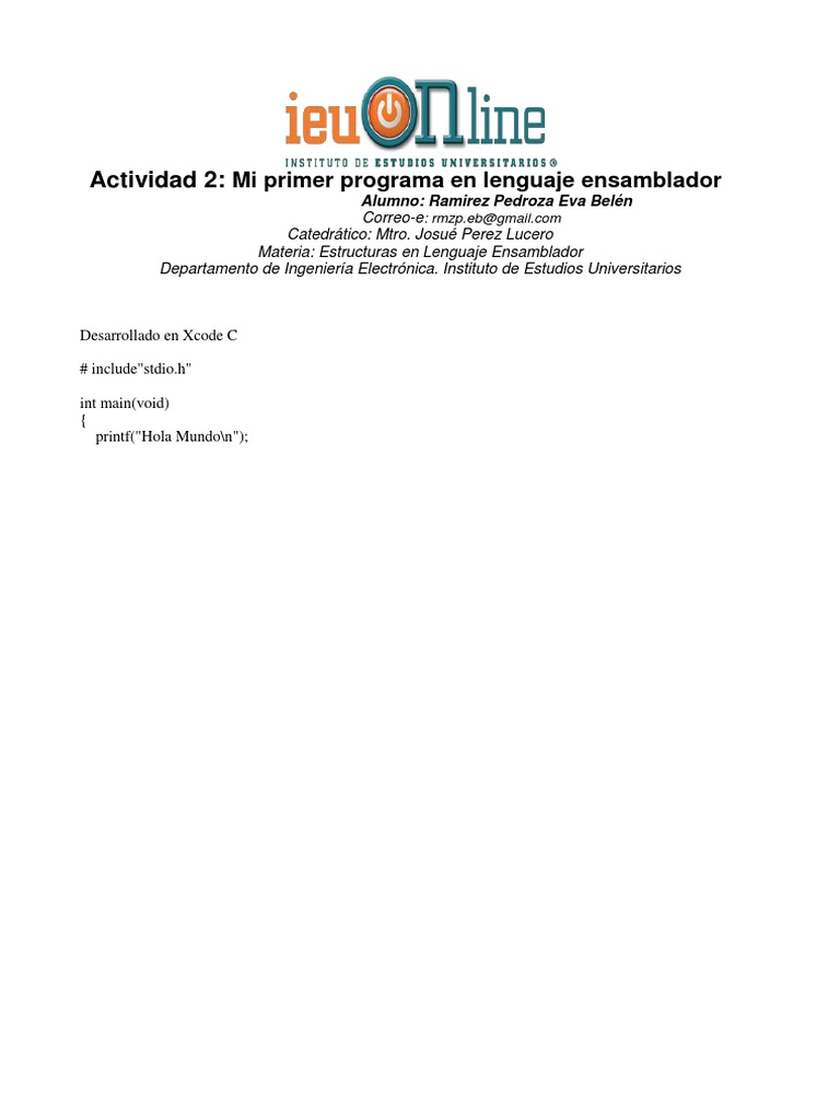Actividad 2.2 - Mi Primer Programa en Lenguaje Ensamblador | PDF | Programación de computadoras ...