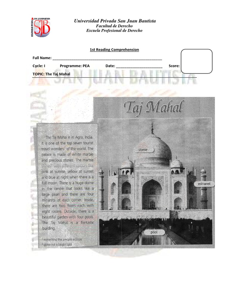 Taj Mahal Reading Comprehension Exercise | PDF