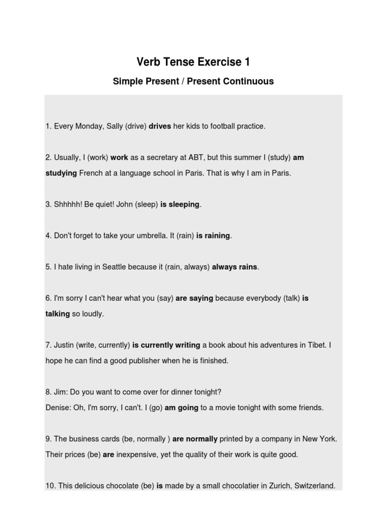 Verb Tense Exercises for Class 10 | PDF
