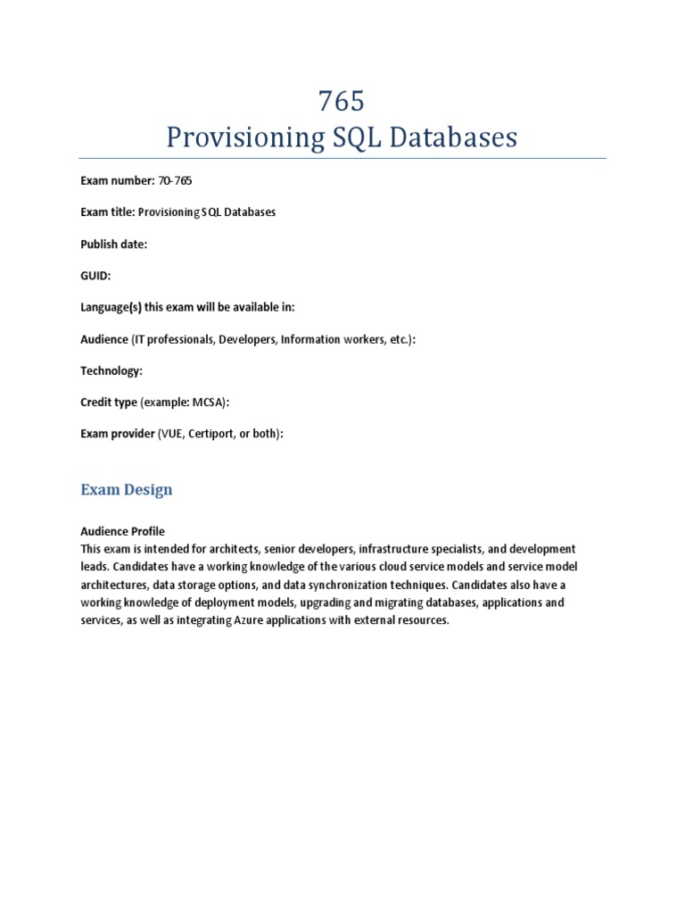 765 Provisioning SQL Databases: Exam Design | PDF | Microsoft Sql Server | Microsoft Azure