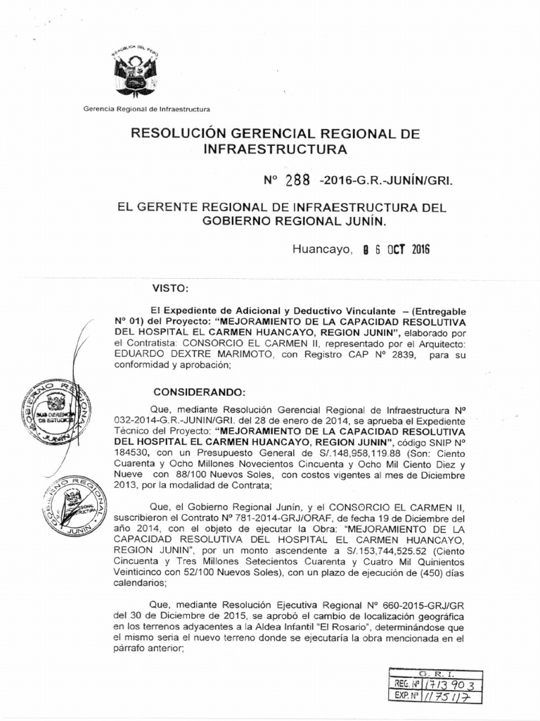 Resoluci N Gerencial Regional de Infraestructura N 288-2016-GR-JUNIN GRI | PDF