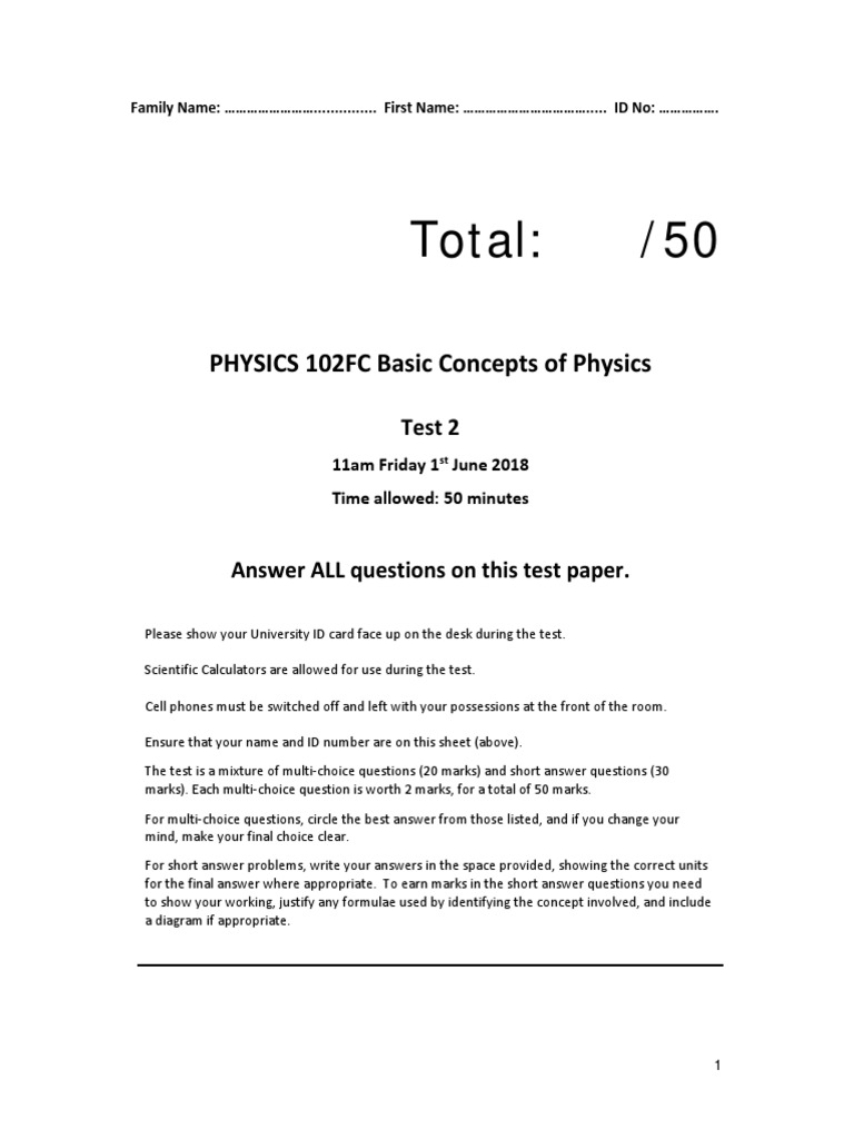 2018 PHY102 Test 2 Cover and Formula Sheet | PDF | Physical Sciences ...