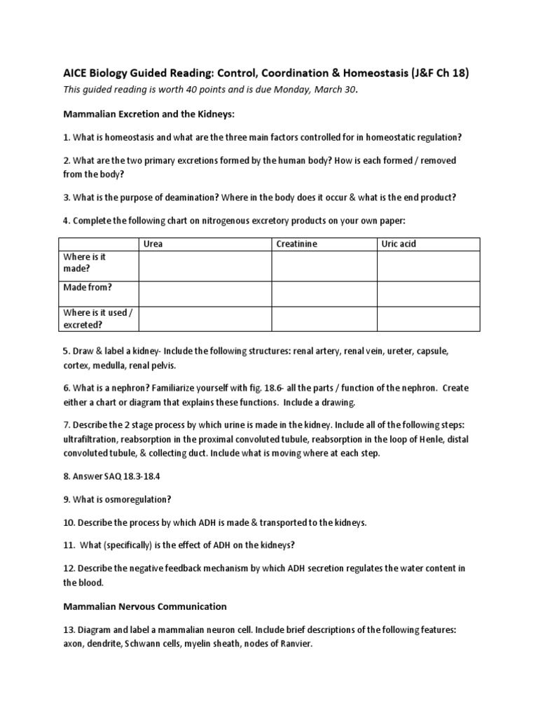 Aice Biology Guided Reading - Homeostasis and Control - Paxson ...
