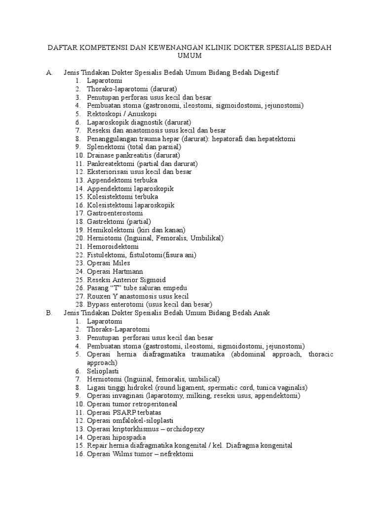 Daftar Kompetensi Dan Kewenangan Klinik Dokter Spesialis Bedah Umum | PDF