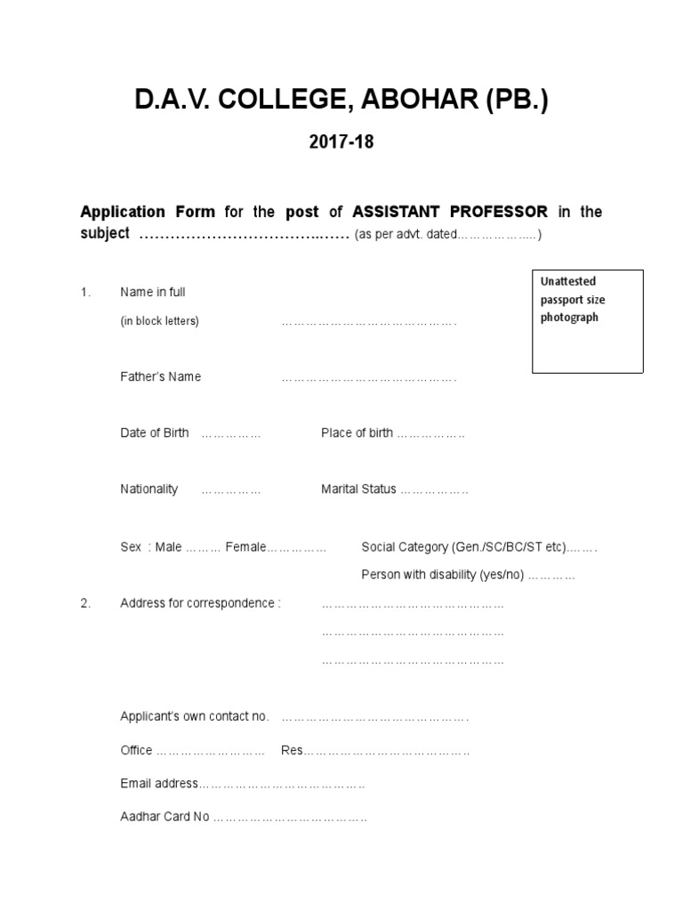 D.A.V. College, Abohar (PB.) : Application Form For The Post of ...
