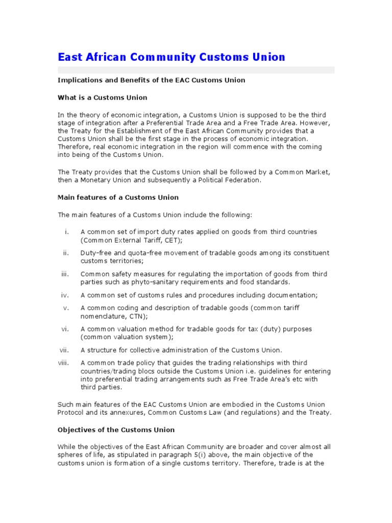 Benefits of EAC Customs Union PDF | PDF | Economic Integration | Tariff