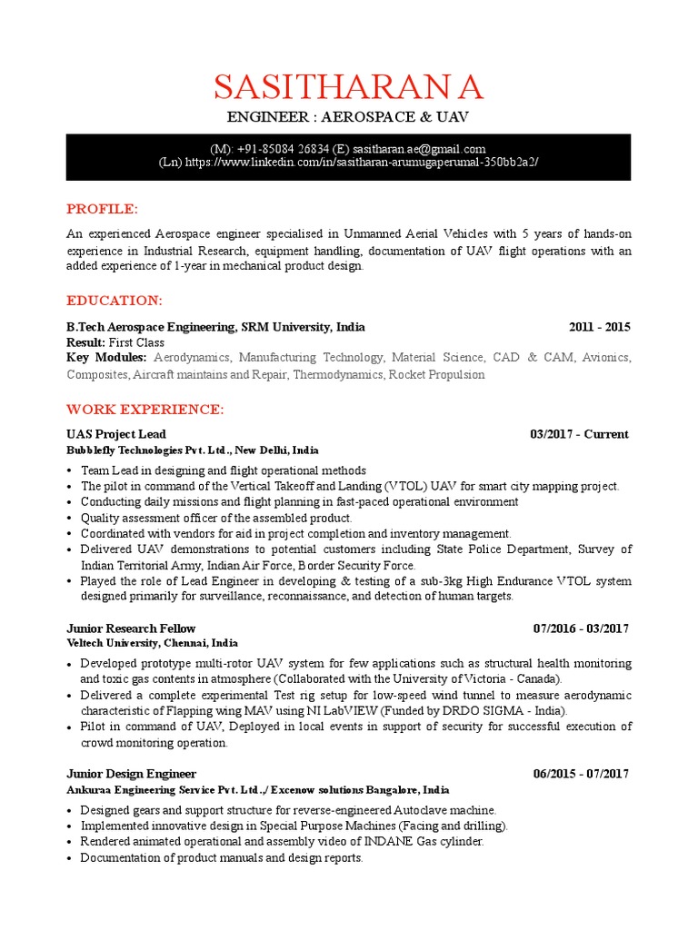 Sasitharan A Resume Final | PDF | Unmanned Aerial Vehicle | Aviation