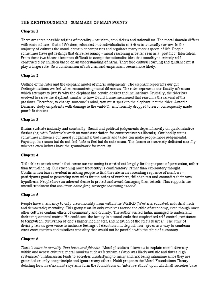 The Righteous Mind - Jonathan Haidt Summary of Chapters | PDF | Reason ...