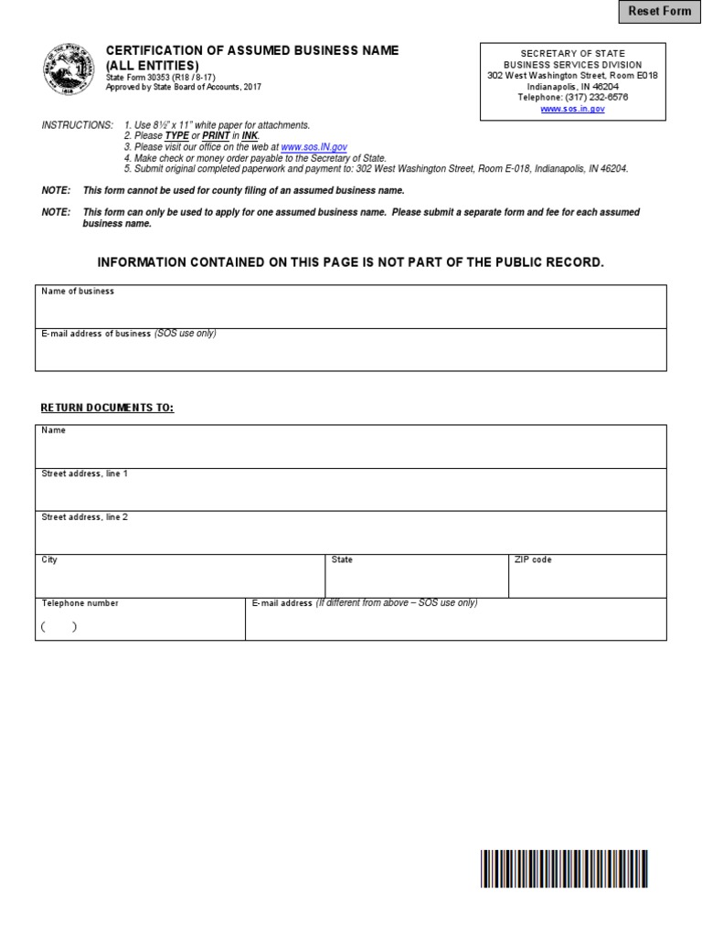 Certification of Assumed Business Name (All Entities) : Type or Print ...