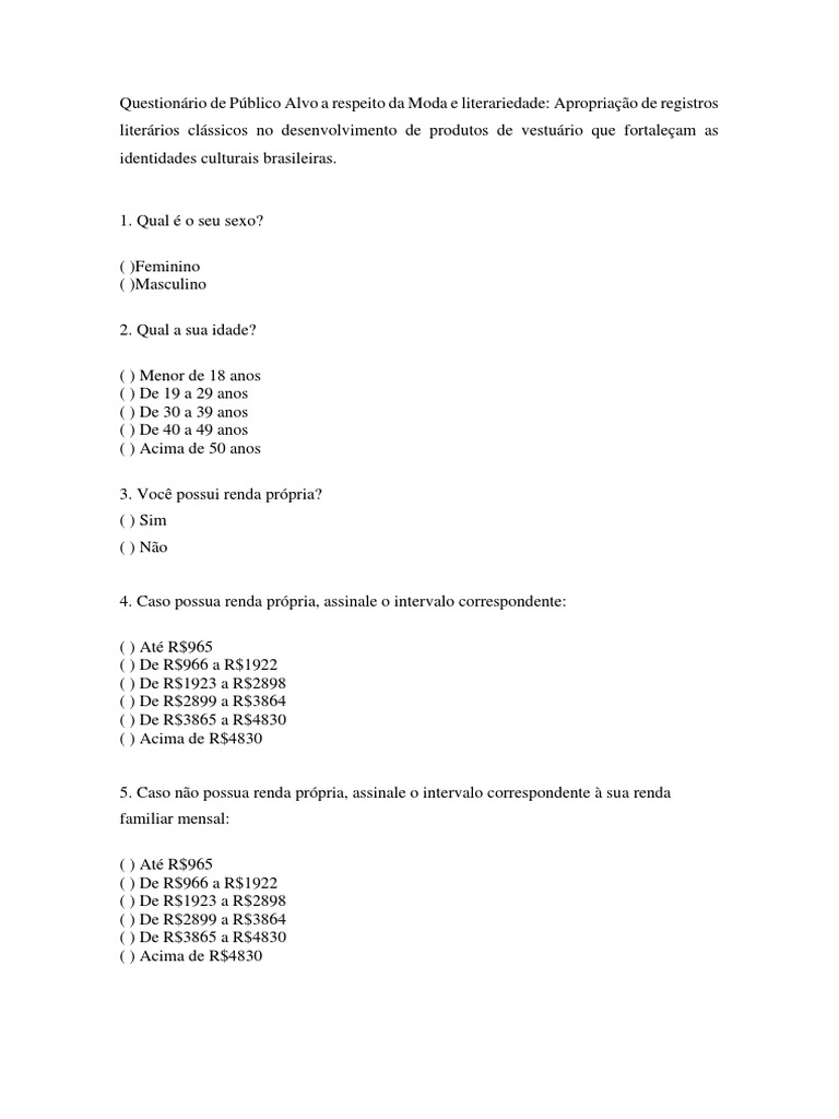 Modelo Questionário | Brasil | Moda | Avaliação gratuita de 30 dias ...