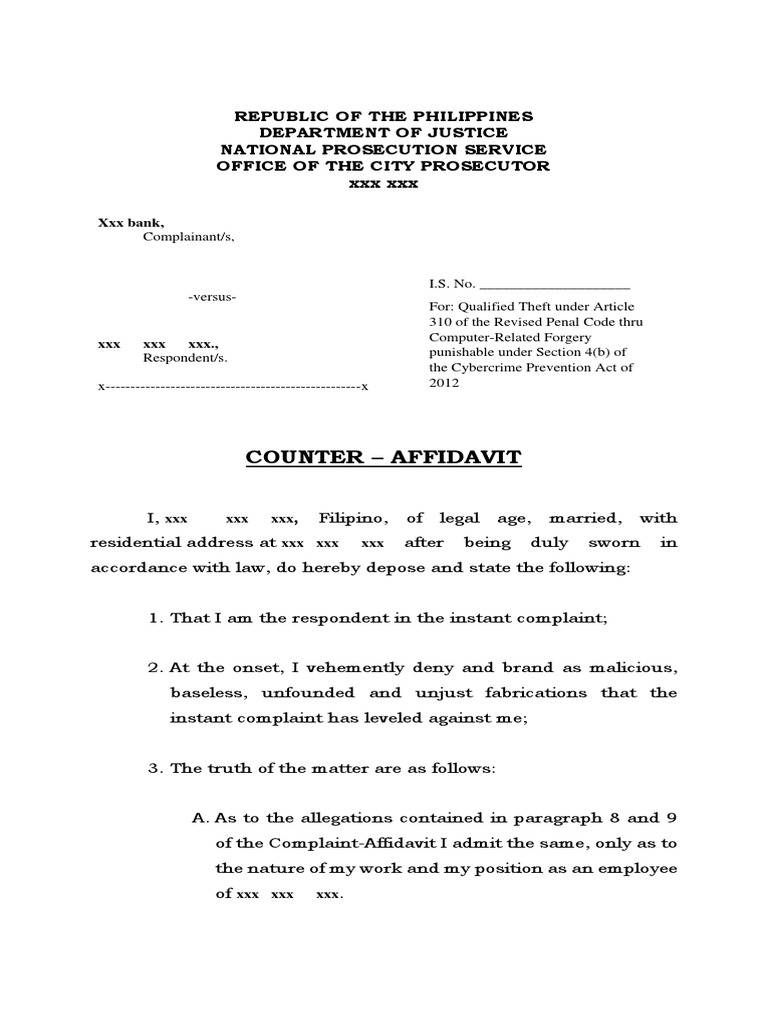 Counter-Affidavit in Qualified Theft | Theft | Common Law