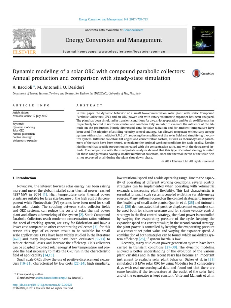 Dynamic Modeling Of A Solar Orc With Compound Parabolic Collectors Pdf Solar Power Evaporation