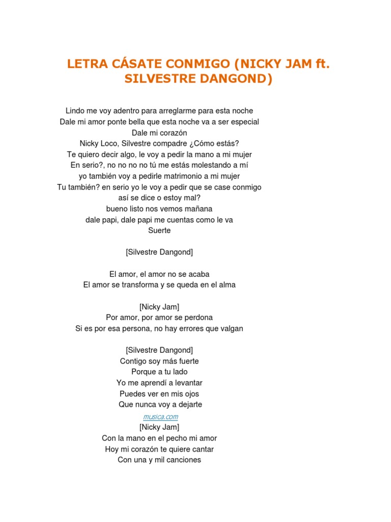 Letra de "Cásate Conmigo" | PDF | Amor | Ocio