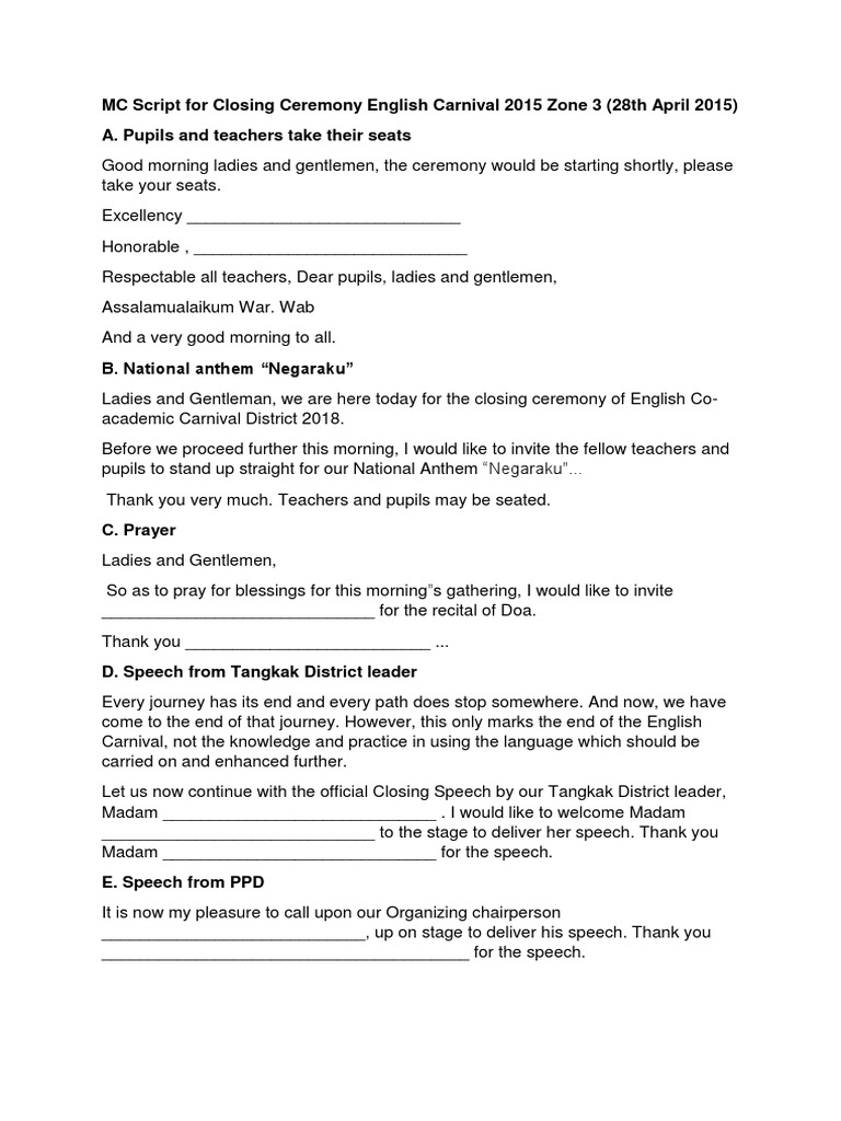 MC Script For Closing Ceremony English Carnival 2018 | PDF