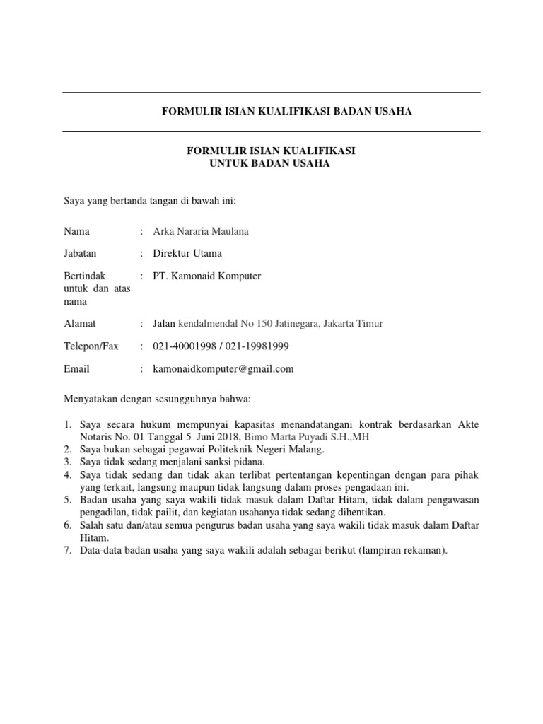 Formulir Isian Kualifikasi Badan Usaha | PDF
