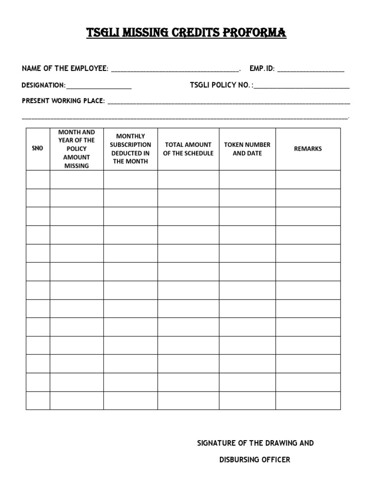 Tsgli Missing Credits Proforma: Name of The Employee Emp - Id TSGLI ...