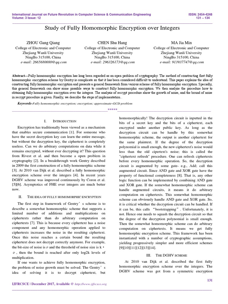 Study of Fully Homomorphic Encryption Over Integers | PDF | Secrecy ...