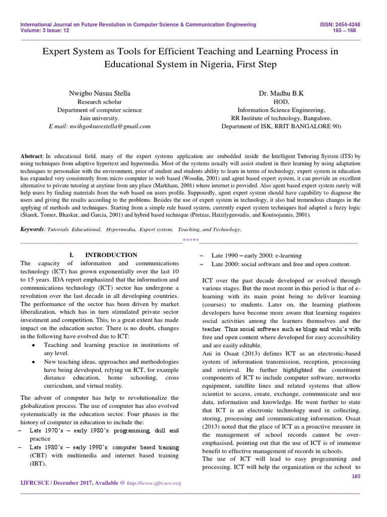 Expert System As Tools For Efficient Teaching and Learning Process in ...