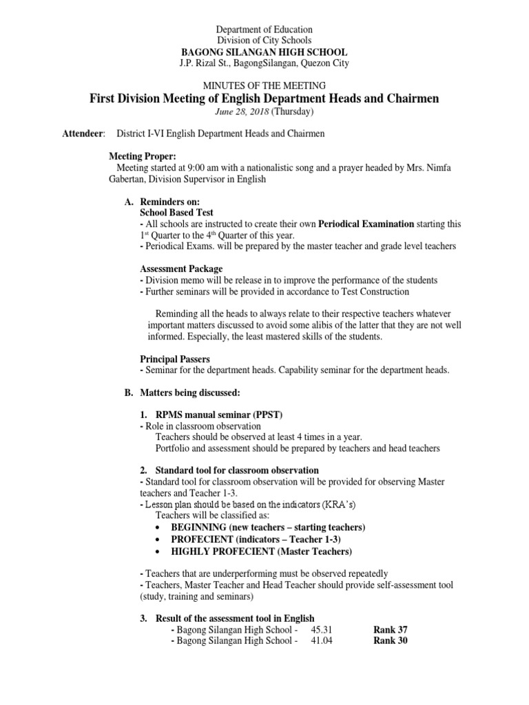 Minutes of The Meeting Division Office | PDF | Teachers | Test (Assessment)