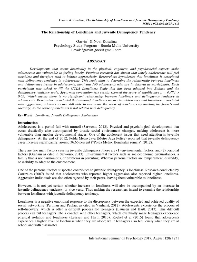 The Relationship of Loneliness and Juvenile Delinquency Tendency ...