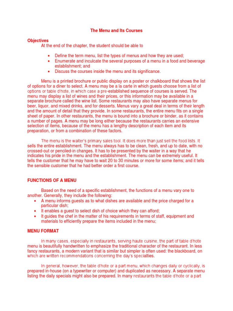 The Menu and Its Courses | PDF | Menu | Restaurants