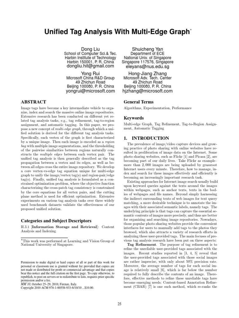 Unified Tag Analysis With Multi-Edge Graph: Dong Liu Shuicheng Yan | PDF | Image Segmentation ...