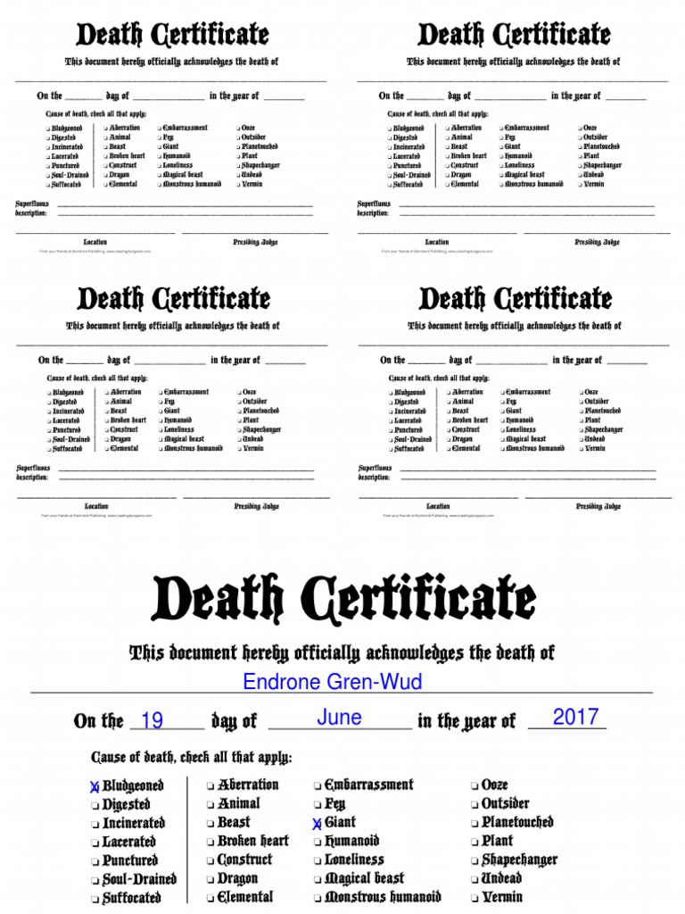 Character Death Certificate Printable | PDF