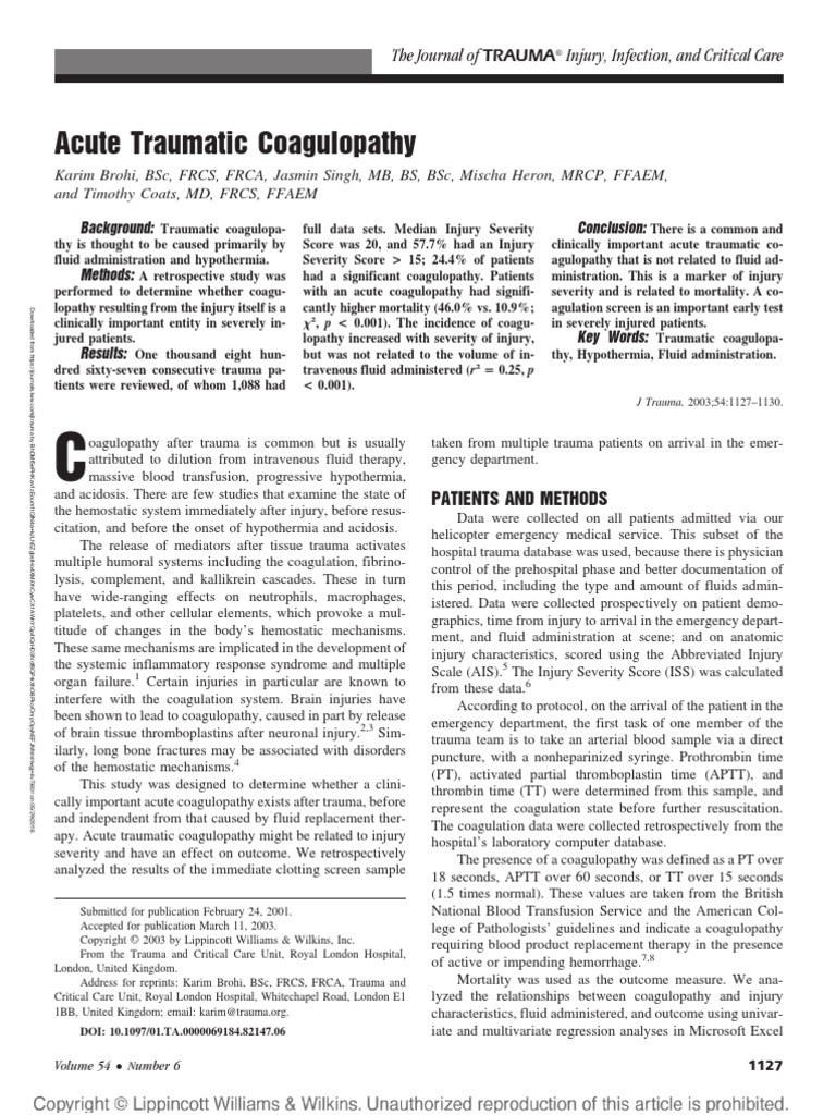 Acute Traumatic Coagulopathy.15 | PDF | Coagulation | Hemostasis