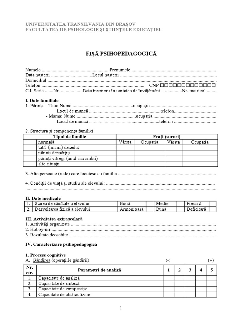 Fisa Psihopedagogica PDF | PDF