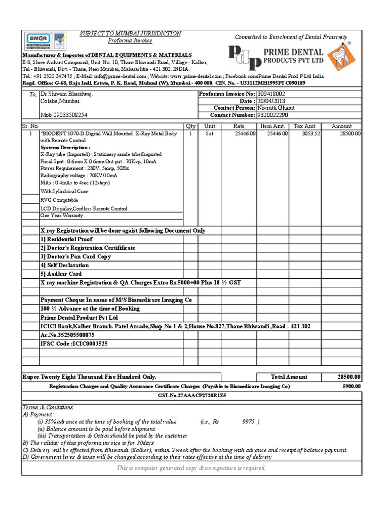 X-Ray Machine Proforma Invoice | PDF | Invoice | X Ray