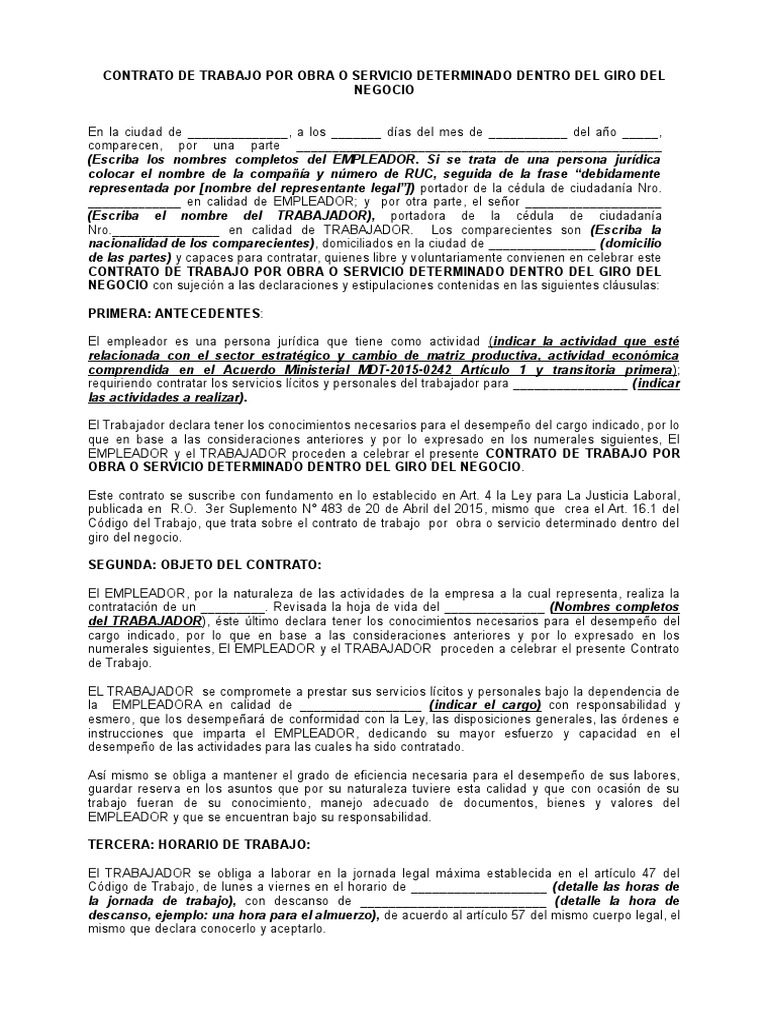 12 Contrato de Trabajo Por Obra o Por Servicio Determinado Dentro Del Giro Del Negocio | PDF ...