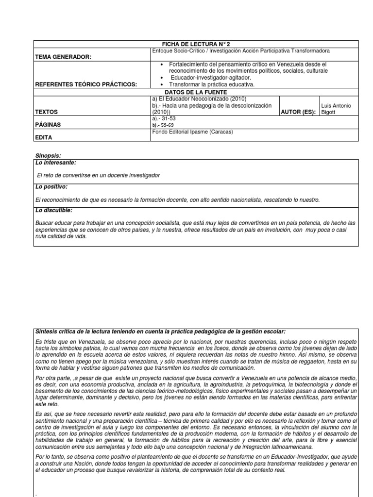 Ficha de Lectura N 2 | PDF | Venezuela | Maestros