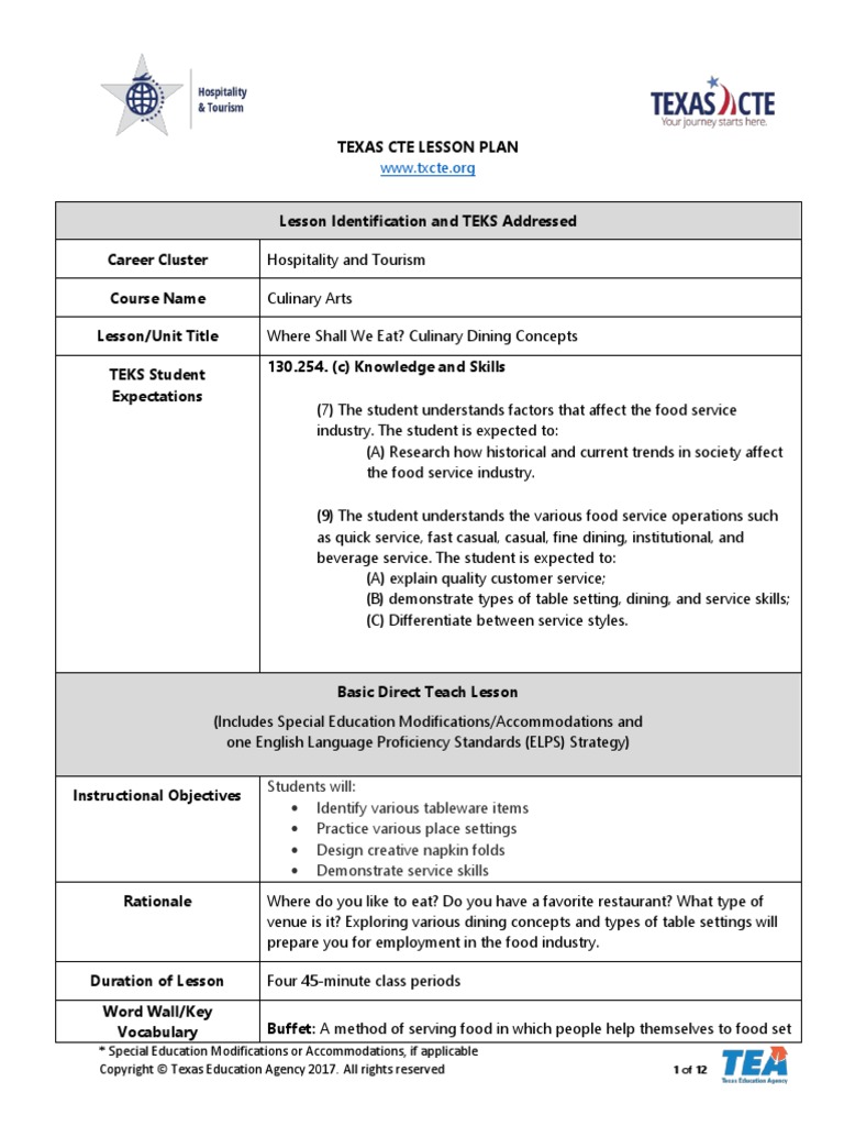 Lesson Plan Where Shall We Eat - Culinary Dining Concepts | PDF ...