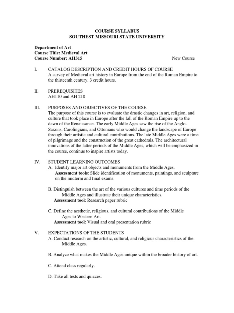 Course Syllabus Southest Missouri State University Department of Art ...