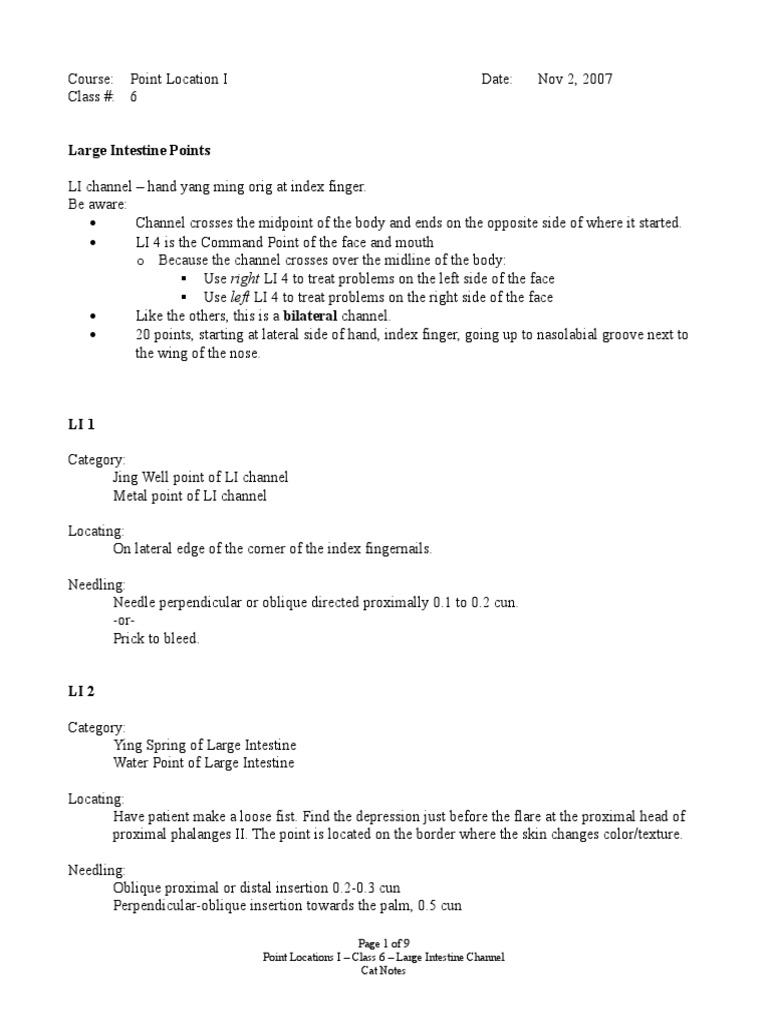 Large Intestine Points: Page 1 of 9 Point Locations I - Class 6 - Large ...