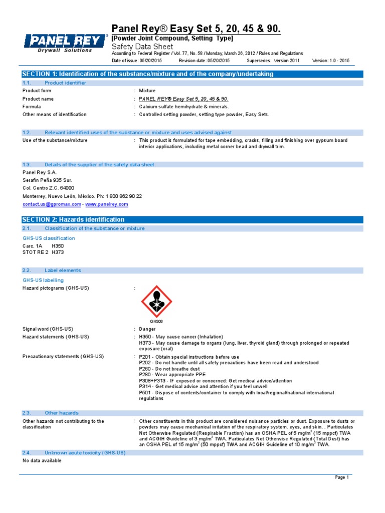 SDS Panel Rey - 04 - Easy Set 05 20 45 90 Min - Powder Joint Compound ...