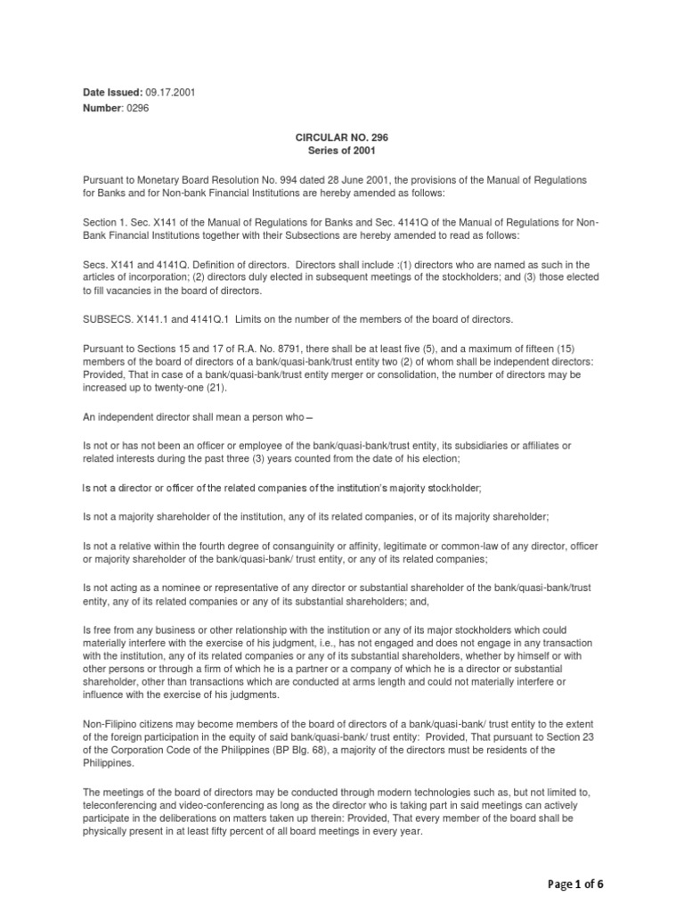 BSP Cir No 296 Series of 2001 | PDF | Board Of Directors | Loans